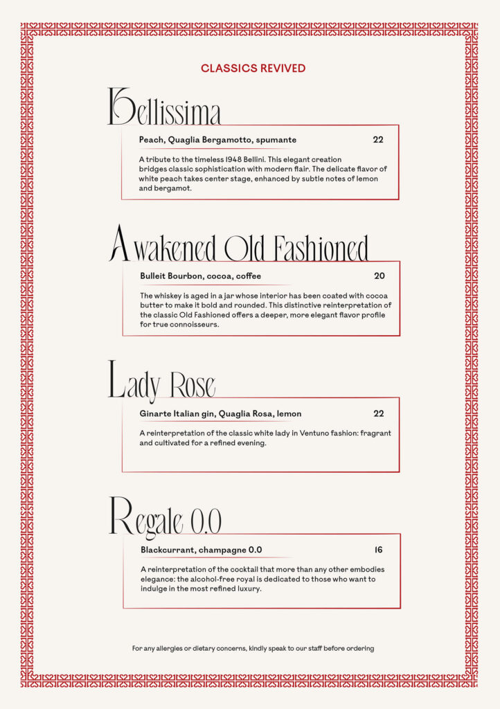 Menus - VENTUNO SKY LOUNGE