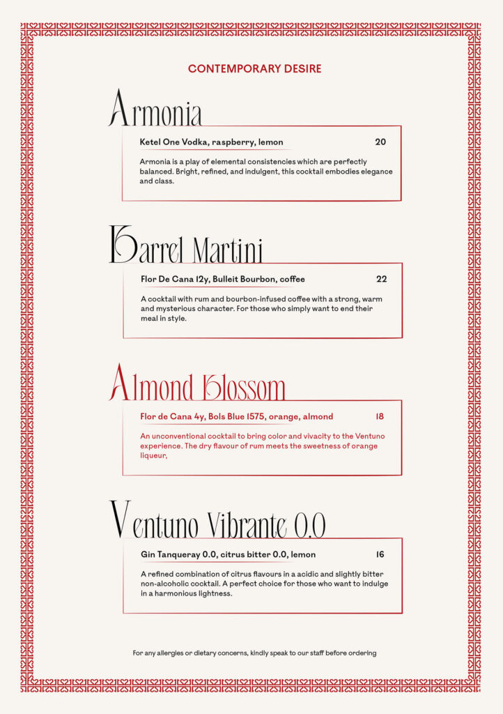 Menus - VENTUNO SKY LOUNGE