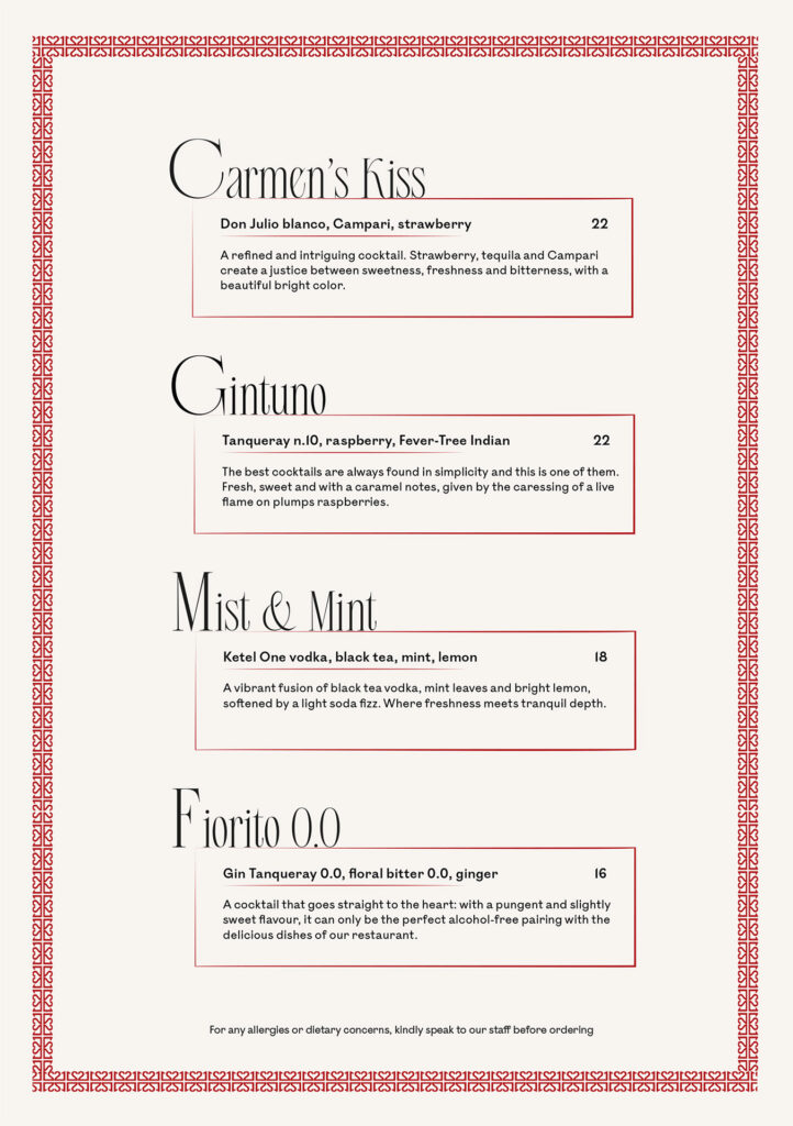Menus - VENTUNO SKY LOUNGE