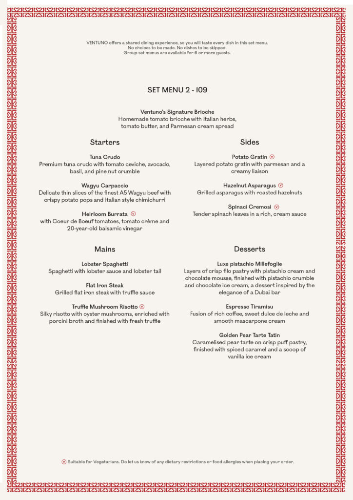 Menu's - VENTUNO SKY LOUNGE