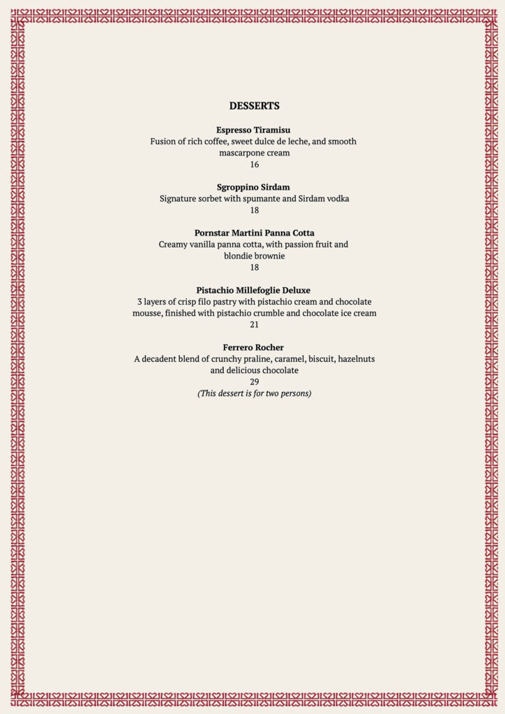 Menus - VENTUNO SKY LOUNGE